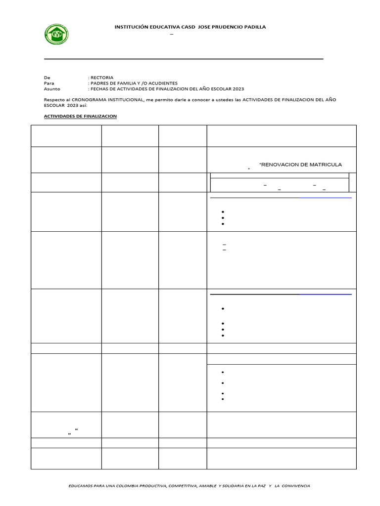 Circular Final A Padres de Familia General 2023 | PDF
