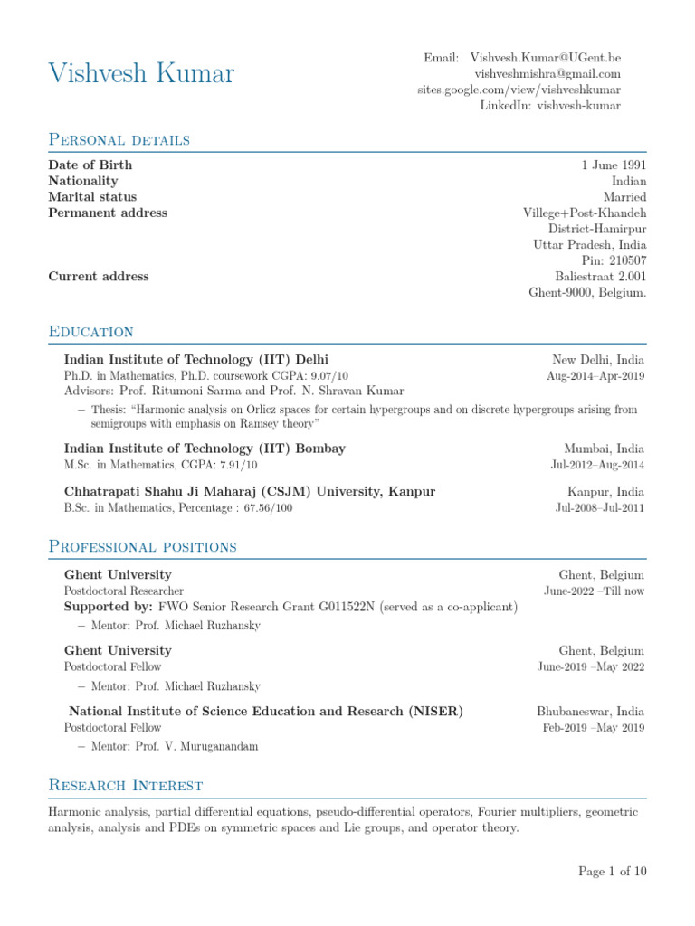 Profile of Vishvesh Kumar in Mathematics | PDF | Mathematical Analysis ...