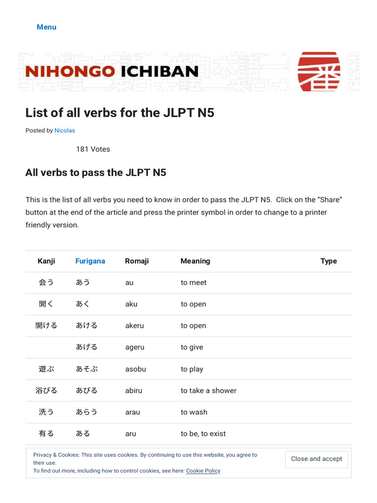List of All Verbs For The JLPT n5 - Nihongo Ichiban | PDF | Languages Of Asia | Linguistics