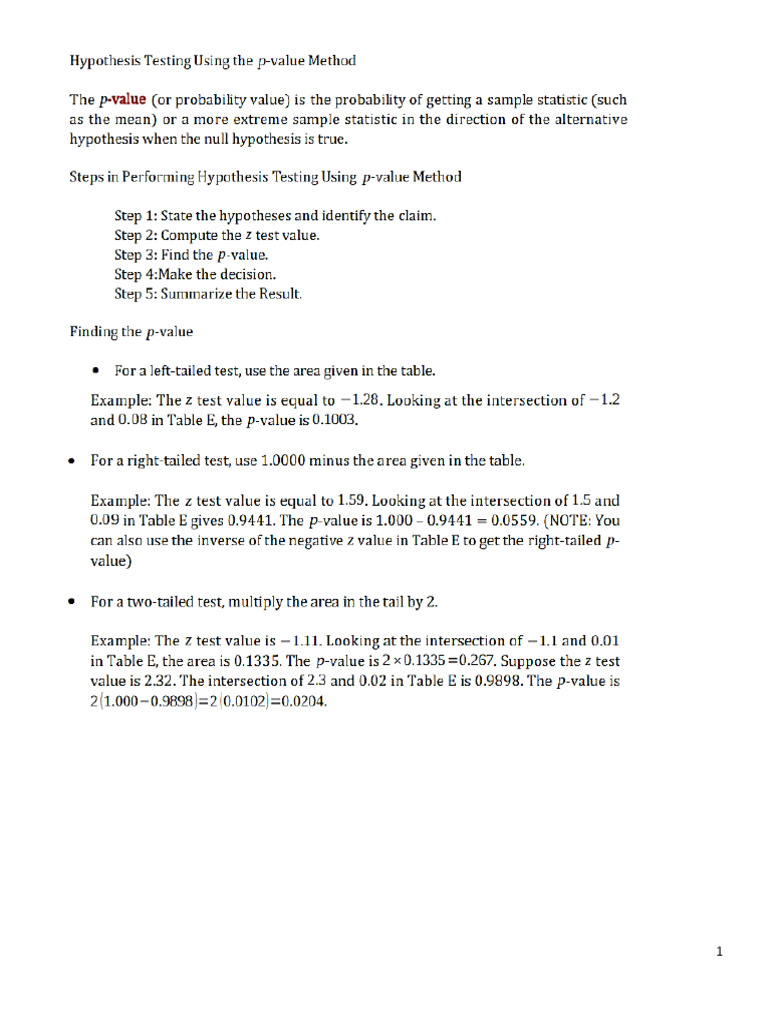 Hypothesis Testing Using P Value And Critical Value Methods Pdf
