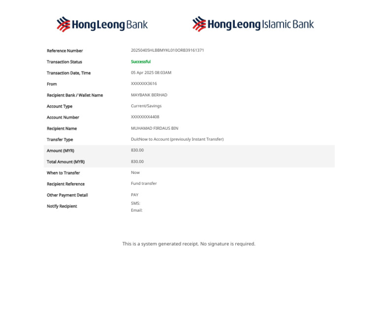 Successful DuitNow Transfer Receipt | PDF