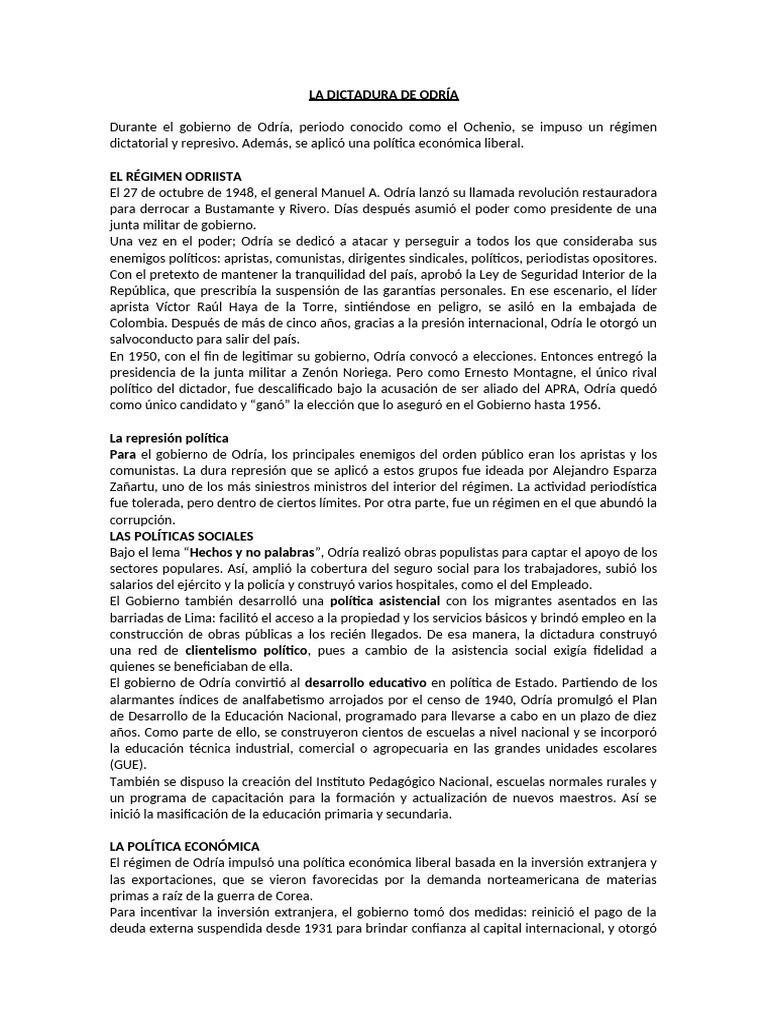 Dictadura y Ochenio de Odría | PDF | Economias