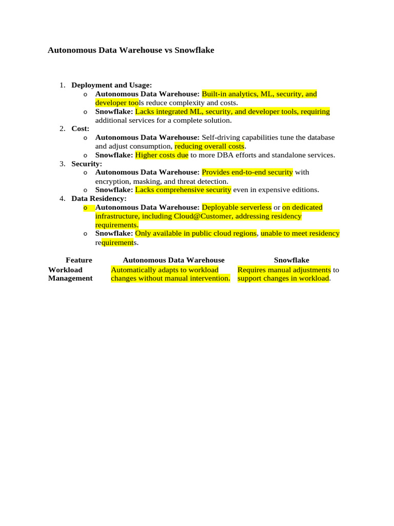 Autonomous Data Warehouse vs Snowflake | PDF