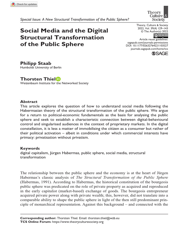 Staab Thiel 2022 Social Media and The Digital Structural Transformation of The Public Sphere ...