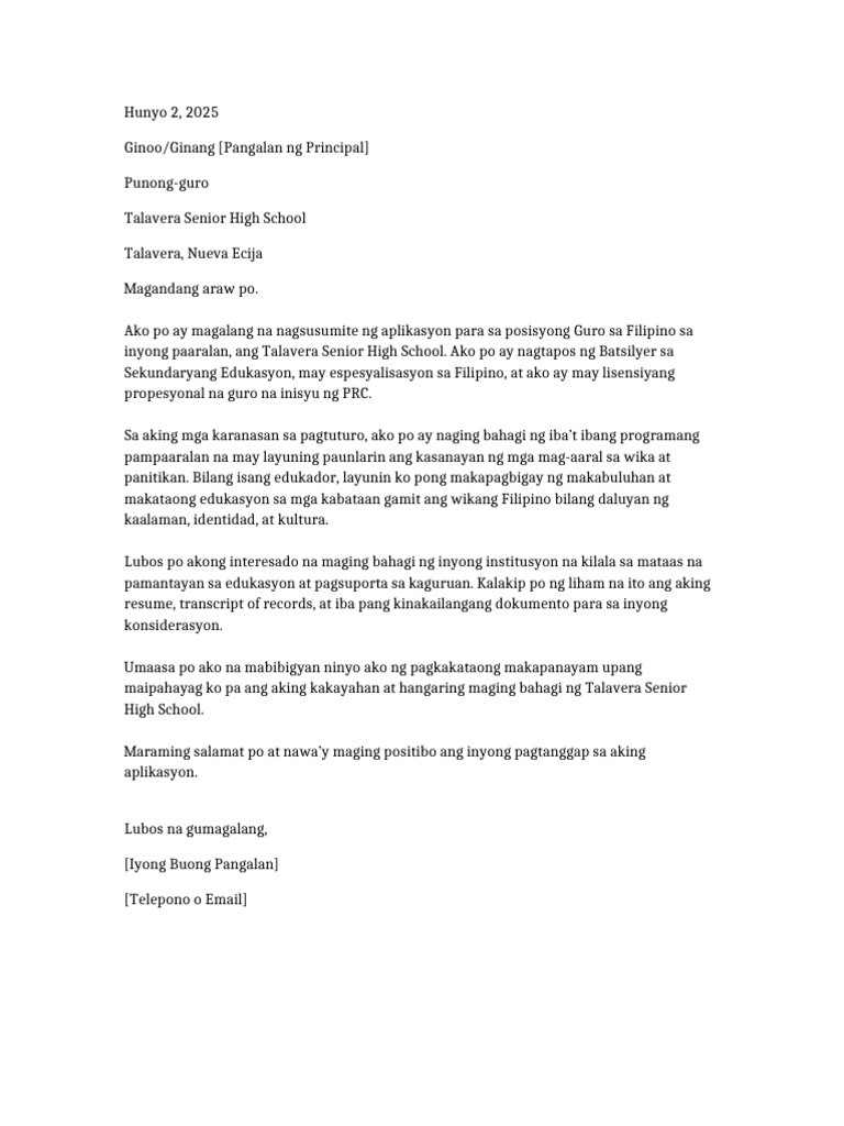 Application Letter Filipino TSHS | PDF