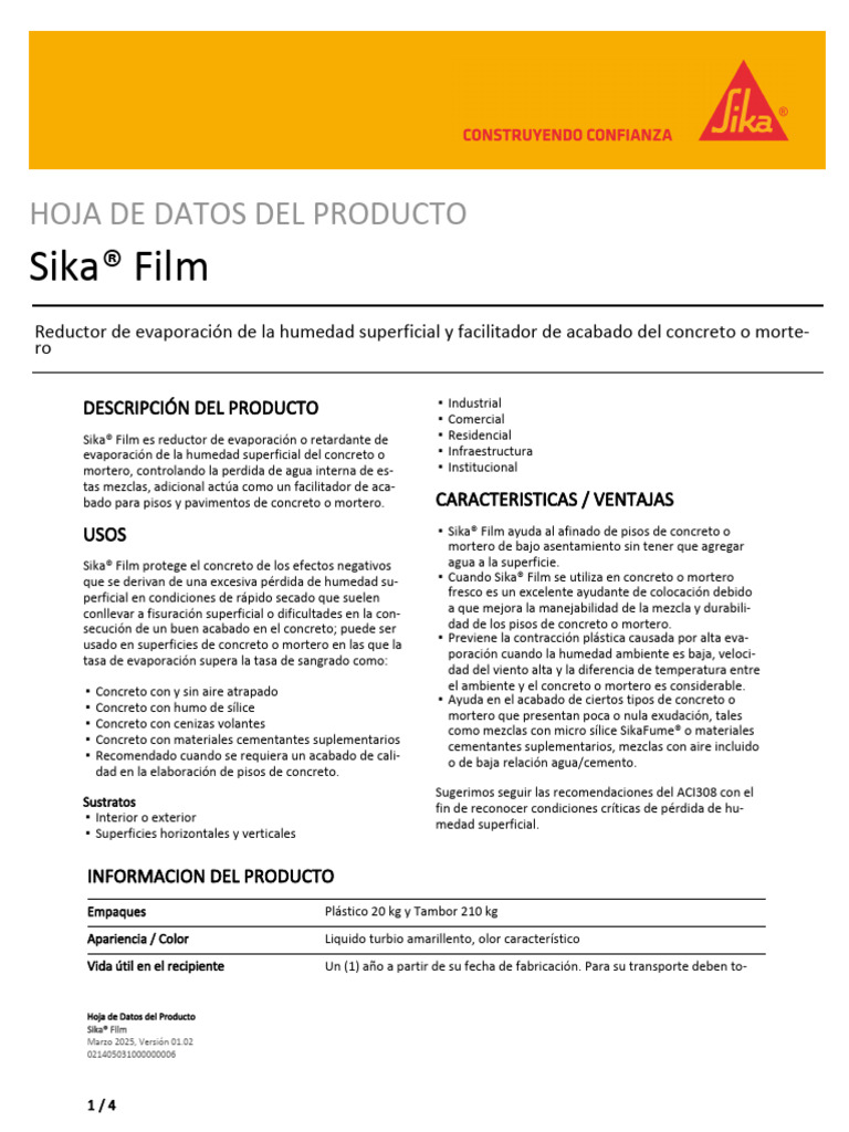 Sika® Film: Reductor de Evaporación | PDF | Hormigón | Mortero ...