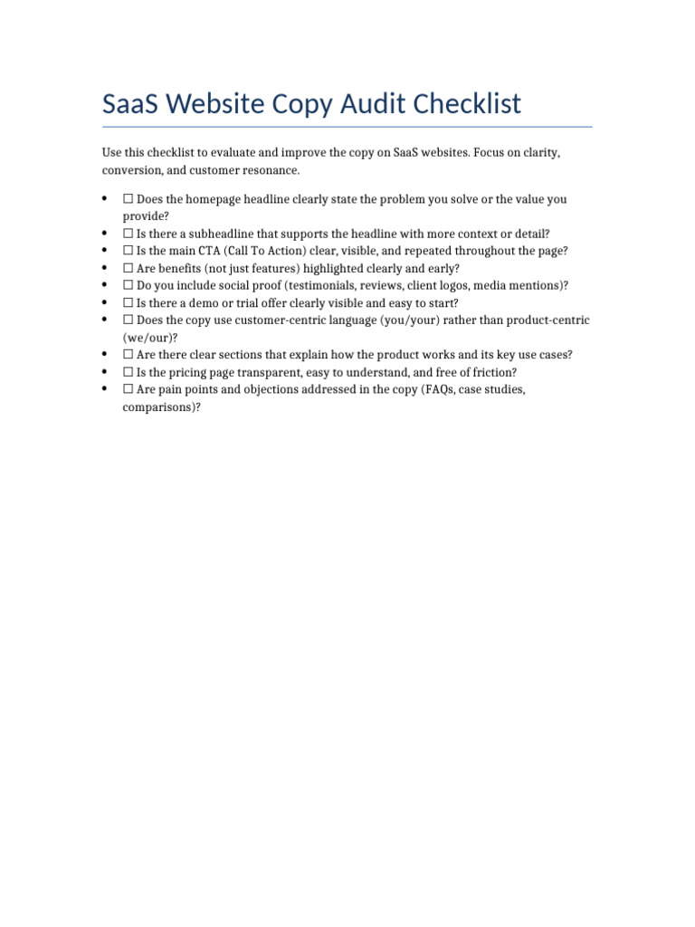 SaaS Website Copy Audit Checklist | PDF