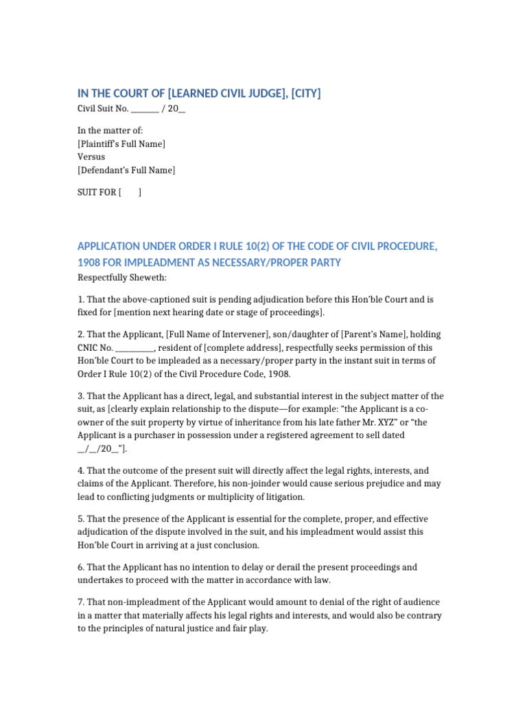Application for Impleadment in CPC | PDF | Lawsuit | Intervention (Law)
