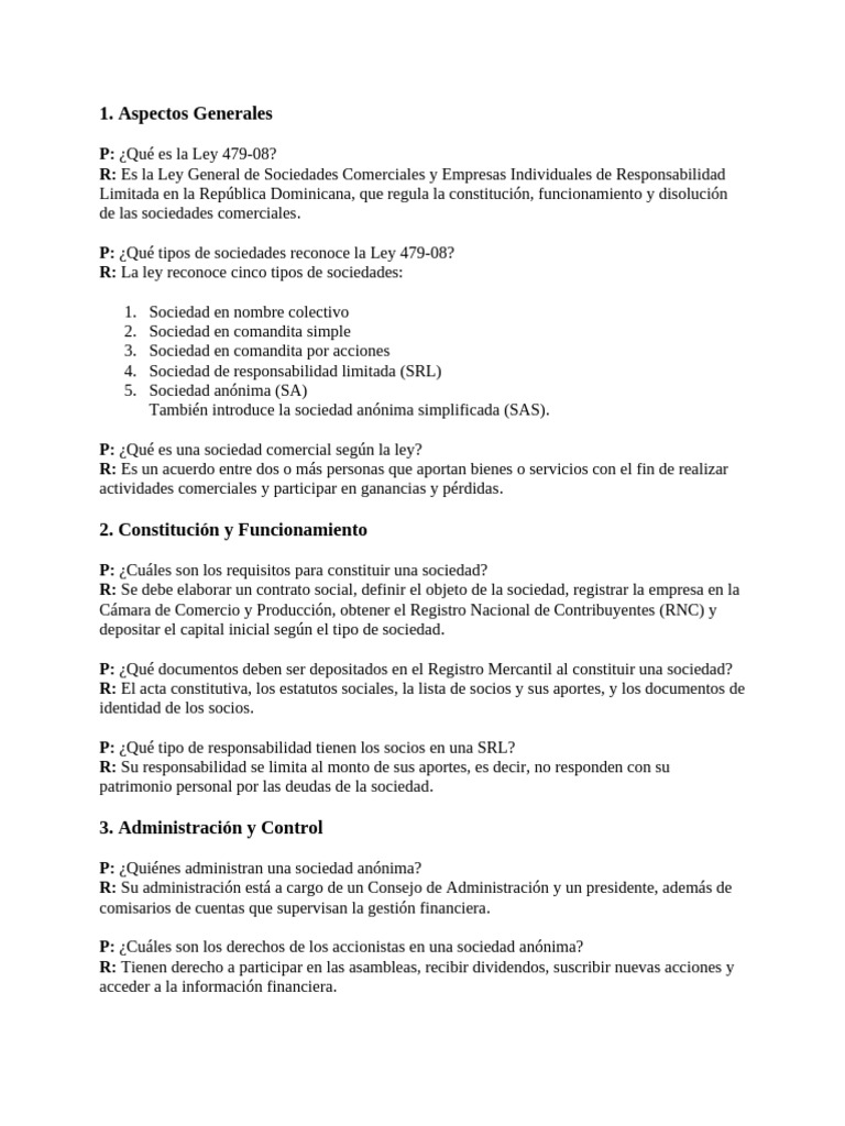 Cuestionario de Ley de Sociedades 479-08 | PDF | Sociedad de ...