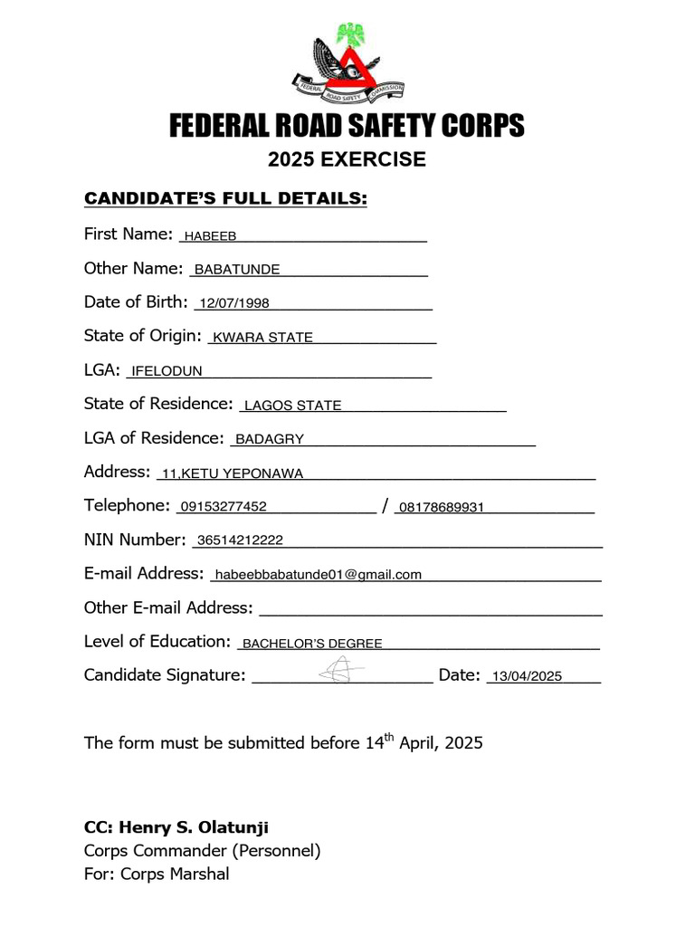 Federal Road Safety Corps Candidate Full Details 2025 6 | PDF