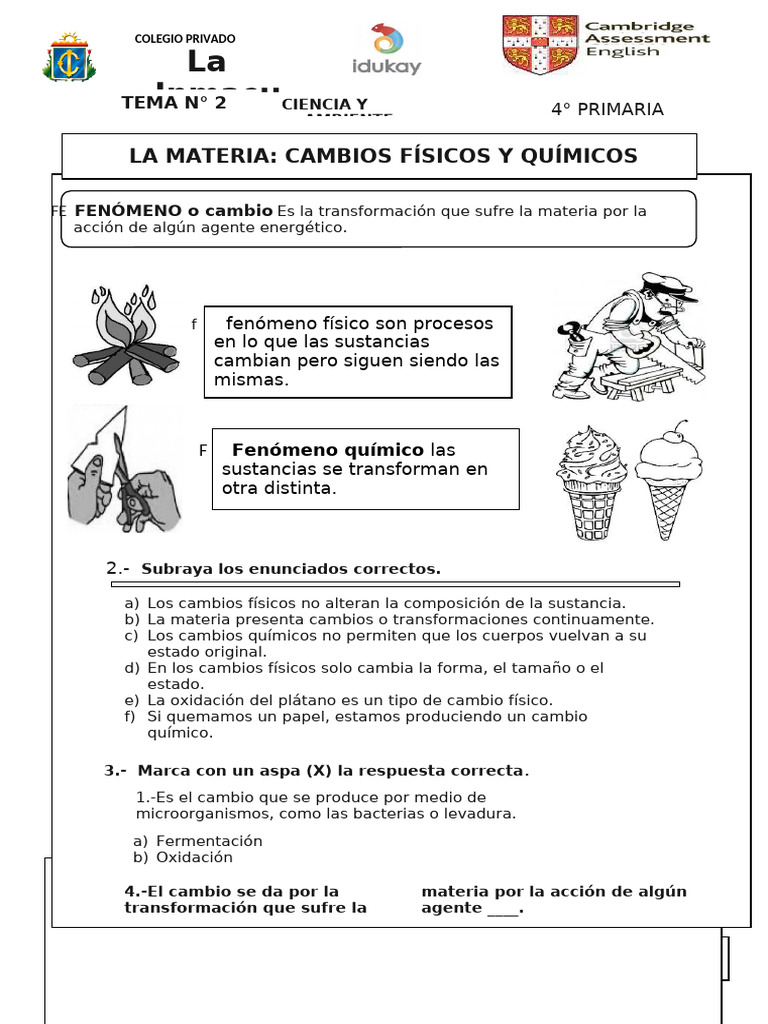 Ficha 2 Desarrollada Unidad Vi La Materia Cambios Fisicos y Quimicospdf ...