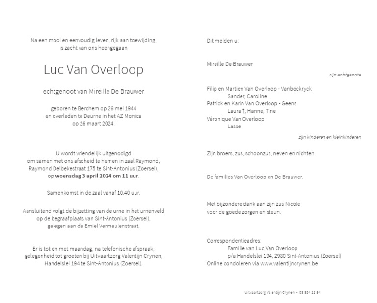 Rouwbrief Dhr. Luc Van Overloop | PDF