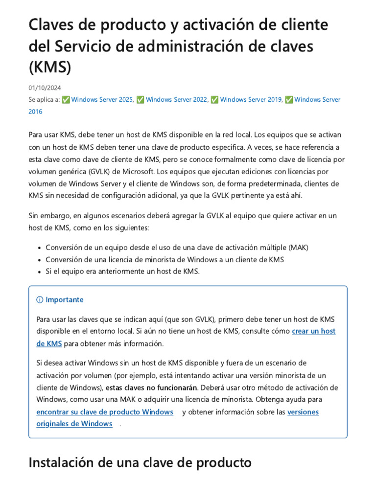 Claves de Producto y Activación de Cliente Del Servicio de Administración de Claves (KMS) para ...