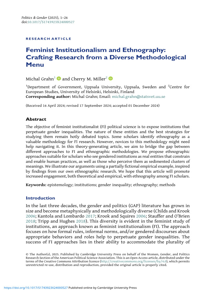 Feminist Institutionalism and Ethnography Crafting Research From A Diverse Methodological Menu ...
