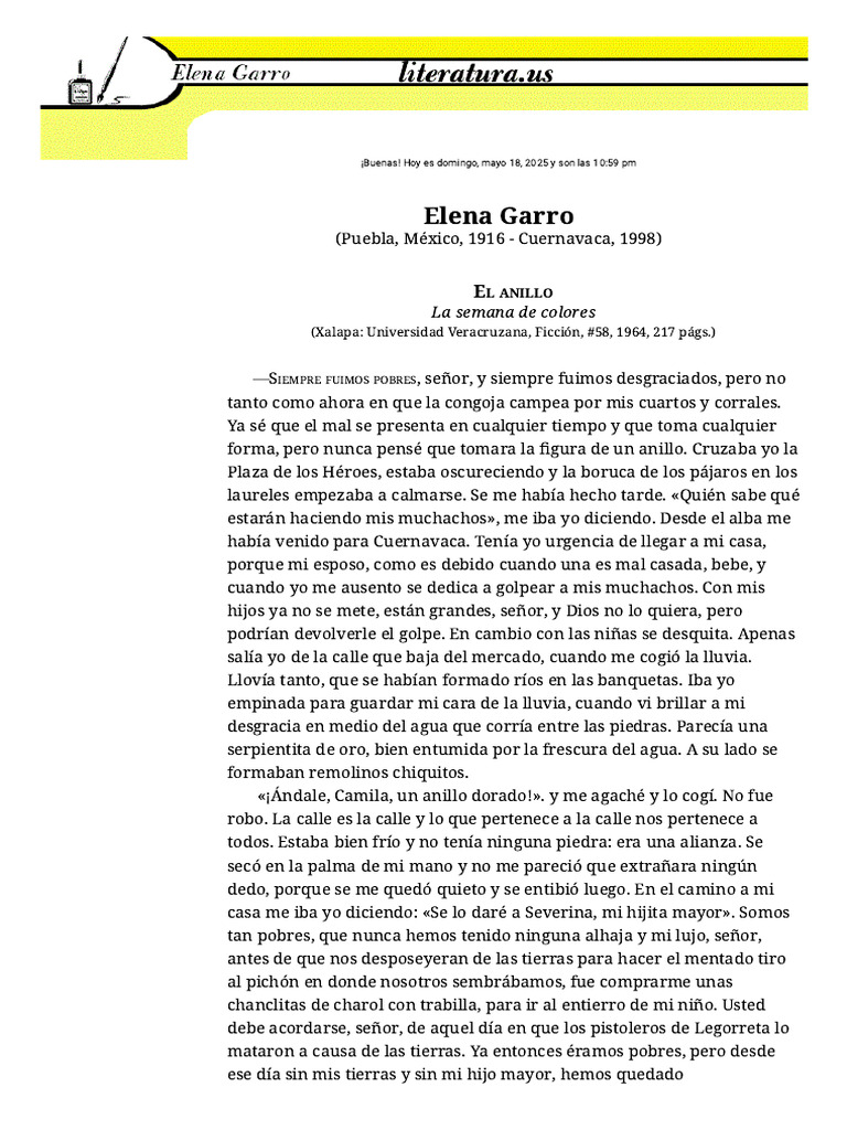 El Anillo (1964), Elena Garro (1916-1998) | PDF