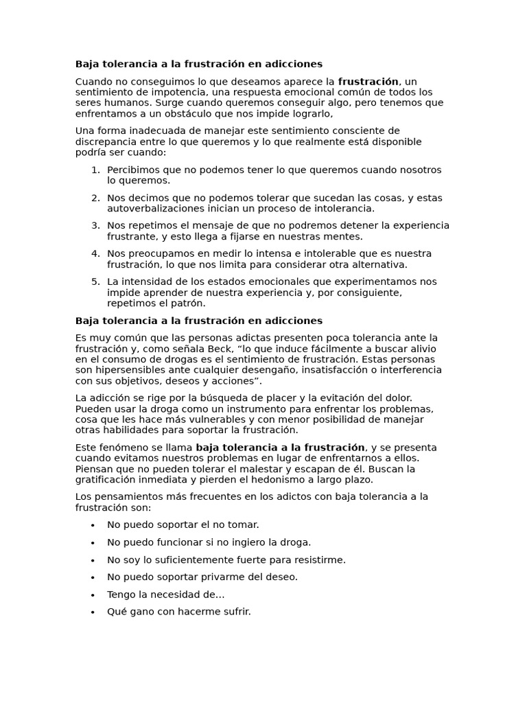 Baja Tolerancia A La Frustración en Adicciones | PDF | La dependencia de sustancias | Las emociones