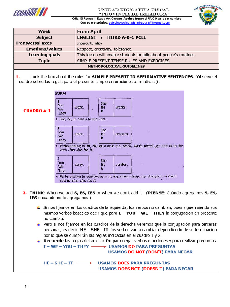 FICHA DE INGLES 3ro DEL 28 ABRIL AL 1 MAYO 2025 - SIMPLE PRESENT | PDF | Relaciones sintácticas ...