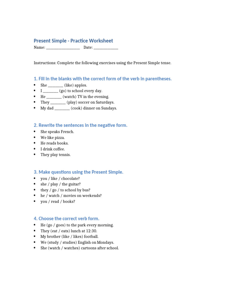 Present Simple Practice Worksheet | PDF