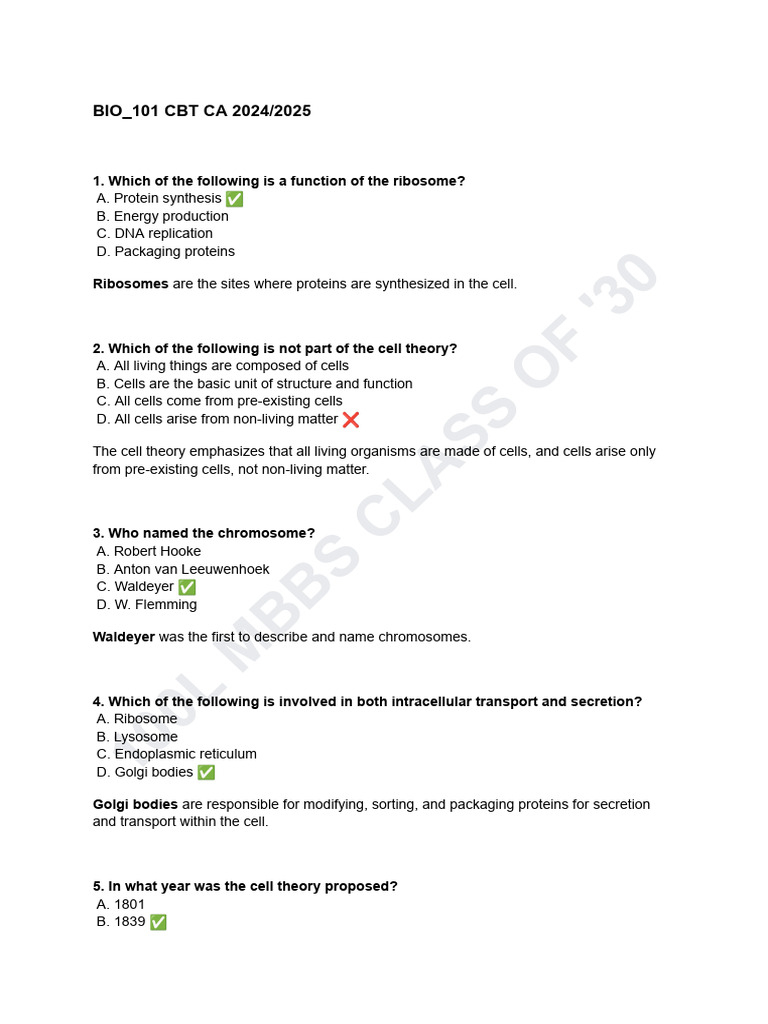 BIO_101 CBT CA Q&A | PDF | Cell (Biology) | Dominance (Genetics)