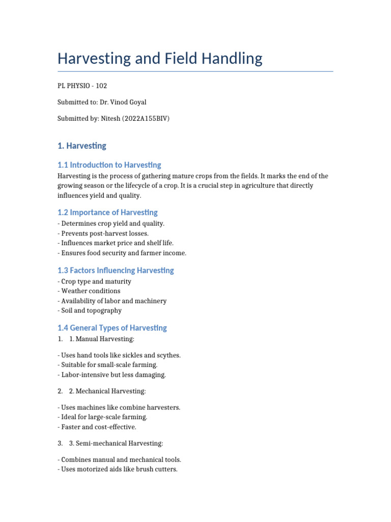Harvesting and Field Handling Overview | PDF | Harvest | Agriculture
