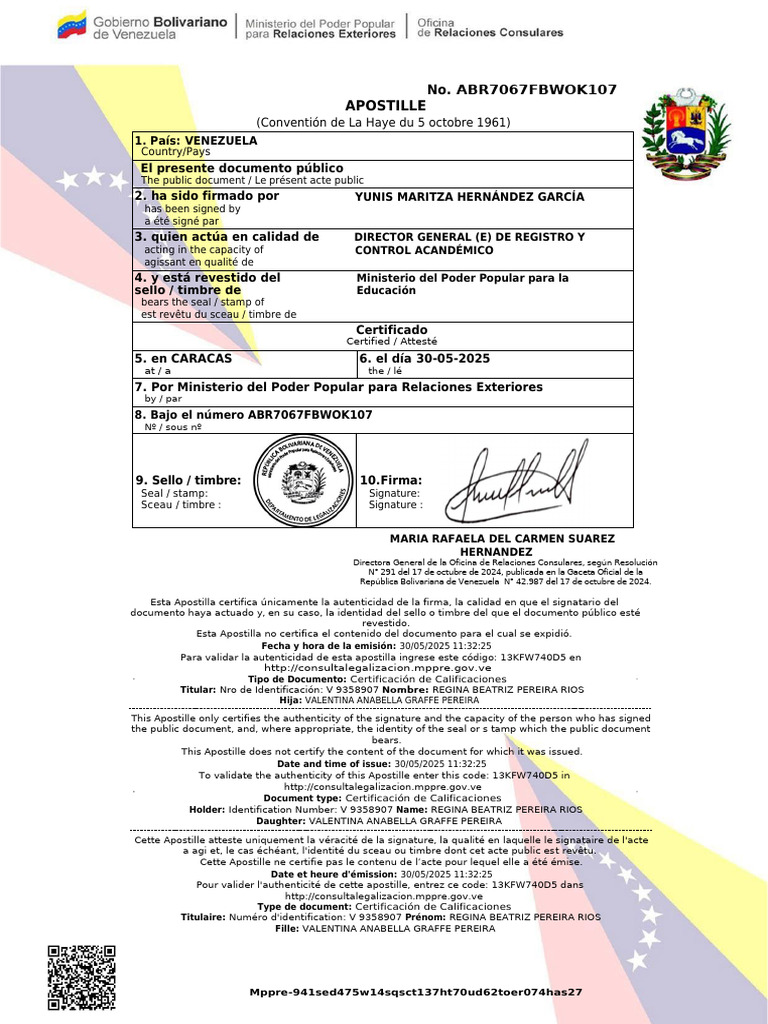 Apostilla Calificaciones - Valentina Anabella Graffe Pereira | PDF