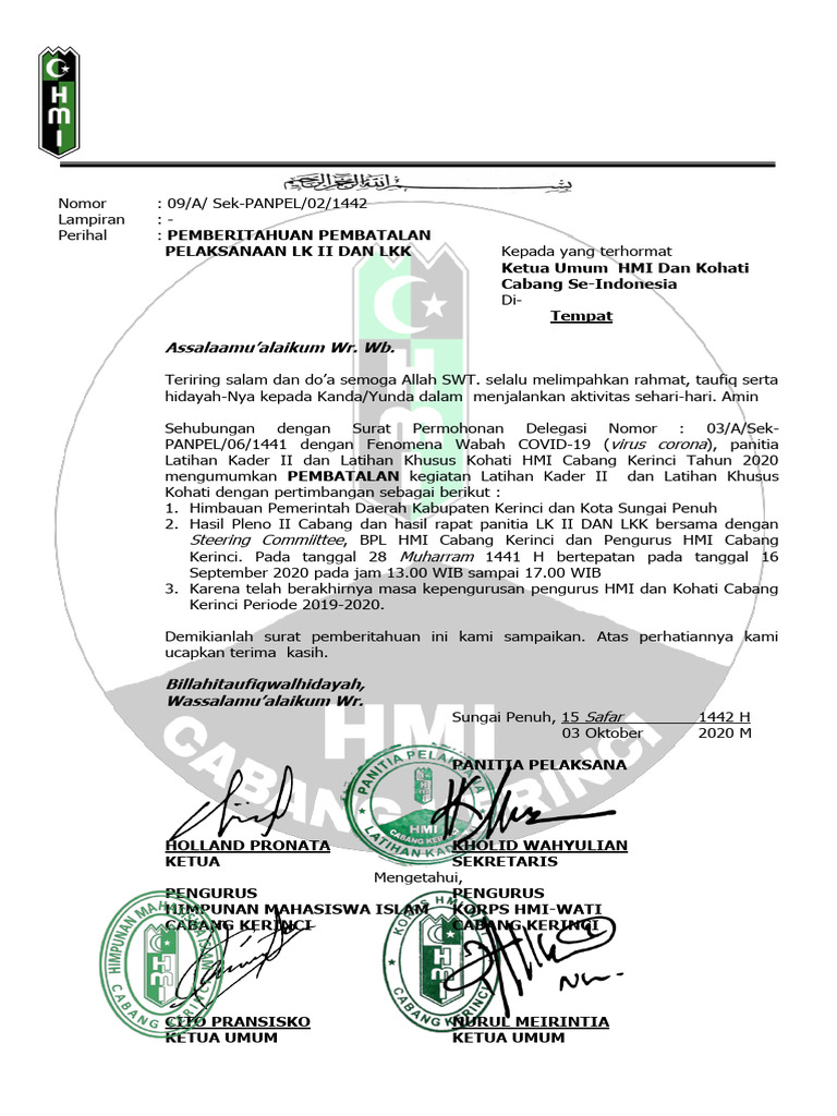 SURAT PEMBATALAN LK II DAN LKK KERINCI | PDF