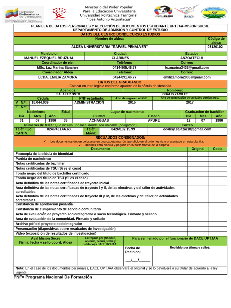 Planilla de Recepcion de Documentos | PDF