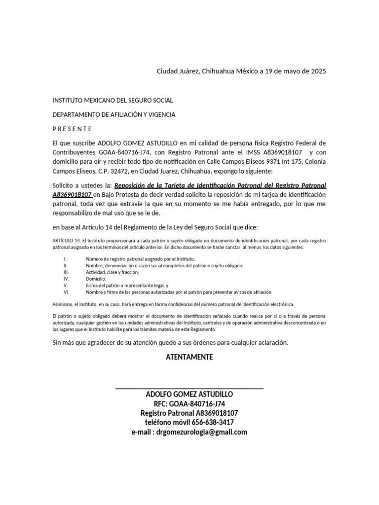 Carta Solicitud de Tarjeta Identificacion Patronal | PDF