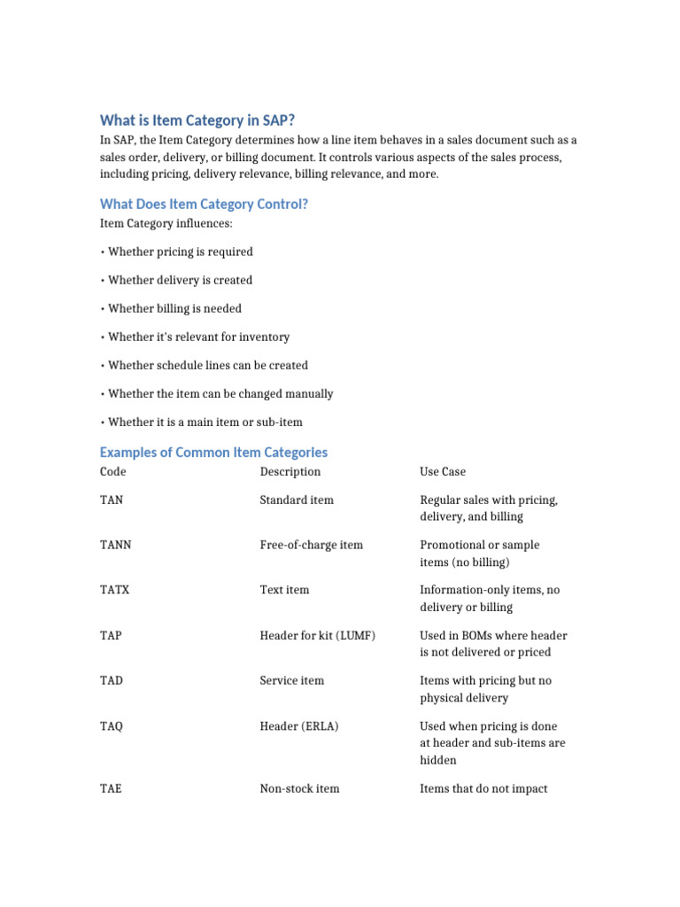 What Is Item Category in SAP | PDF