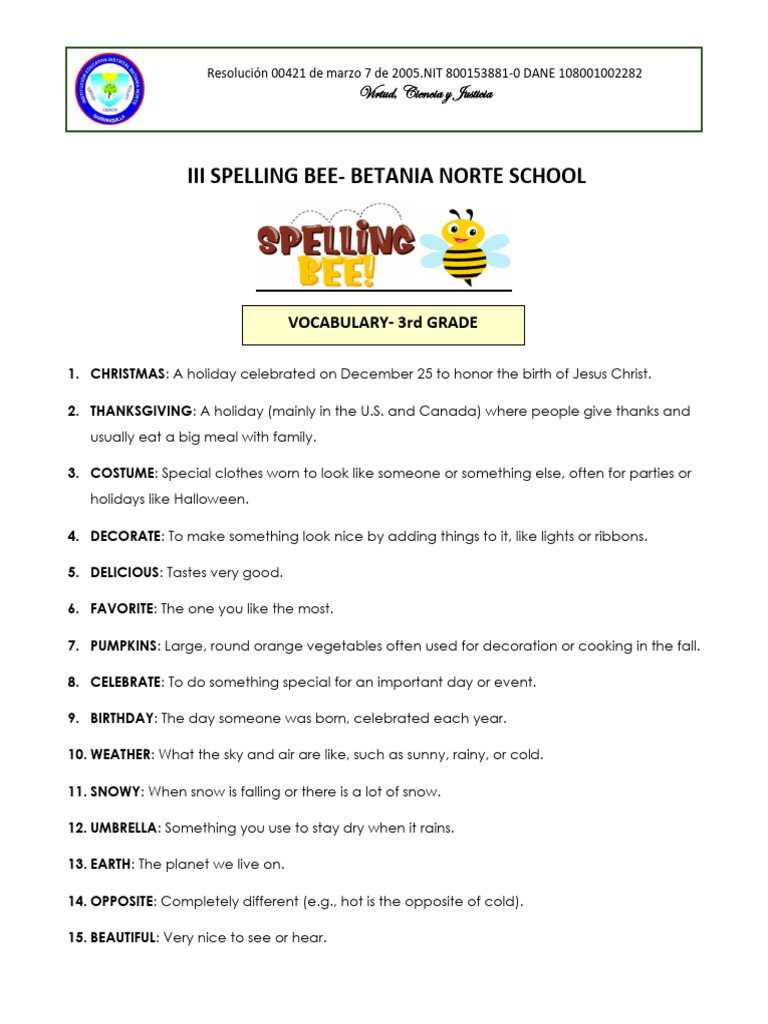 Spelling Bee - Vocabulary 3RD Grade | PDF | Foods | Meal