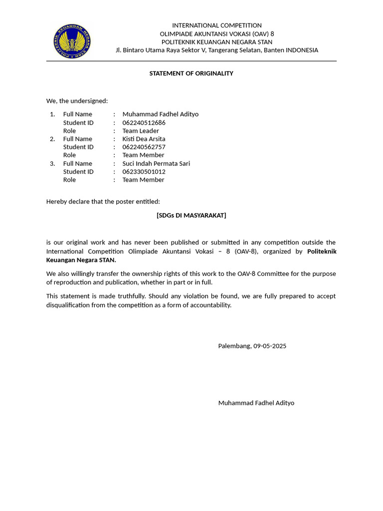 Statement of Originality Video | PDF