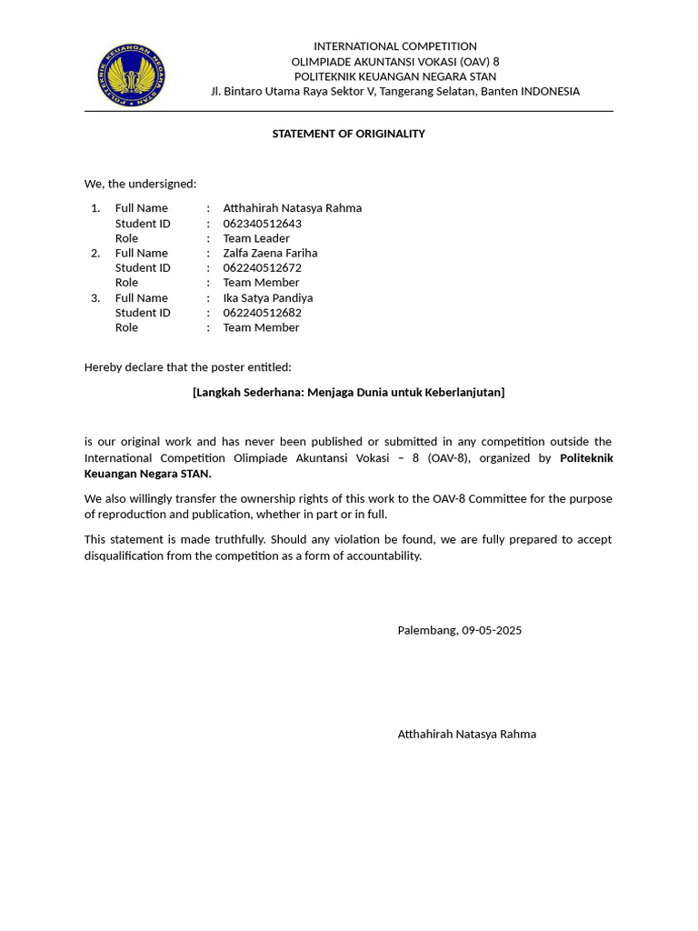 Statement of Originality Video-1 | PDF