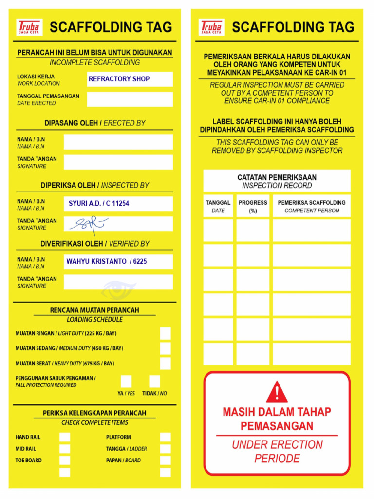 Scaffolding Tag Yellow (Refractory Shop) | PDF