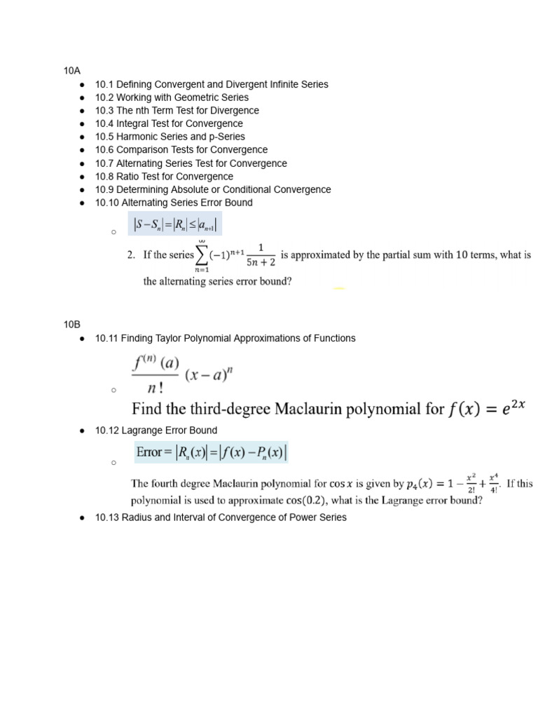 Unit 10 Table of Contents AP CALC BC | PDF