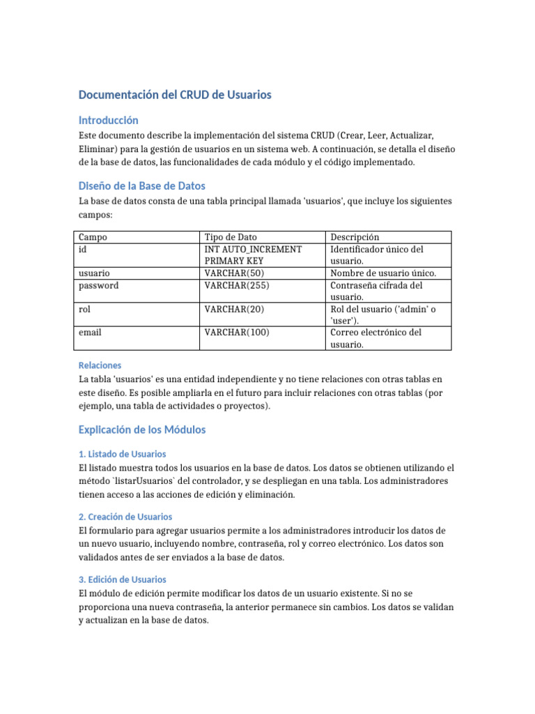 Documentacion CRUD Usuarios | PDF | SQL | Bases de datos