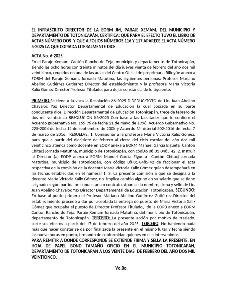 Certificación Acta de Entrega de Puesto María Victoria Xalix Gómez | PDF