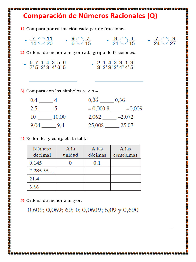 Comparación y Orden de Números Racionales | PDF