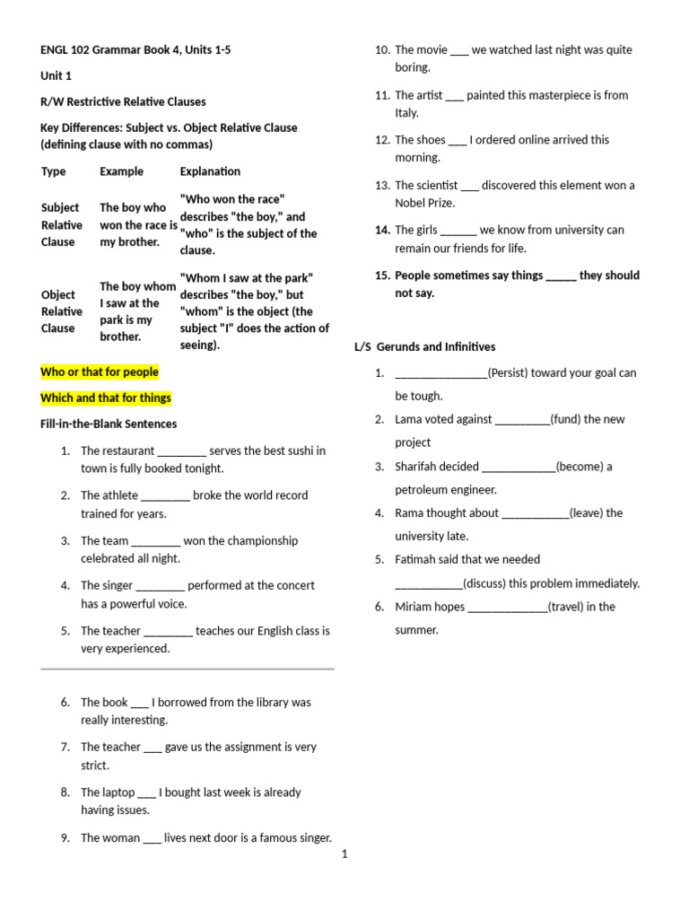 Grammar Final Exam Worksheets ENGL 102 2025 | PDF | Perfect (Grammar ...