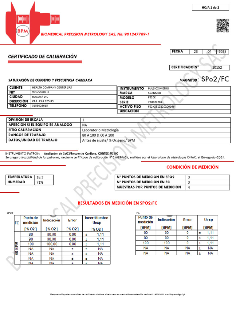 Spo2 FC 10152 Pulsioximetro | PDF | Metrología | Calibración