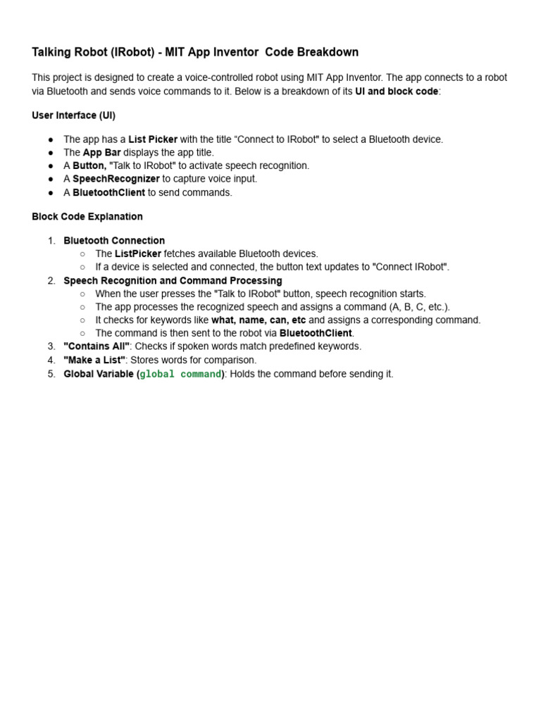 Talking Robot (IRobot) - MIT App Inventor Code Breakdown | PDF