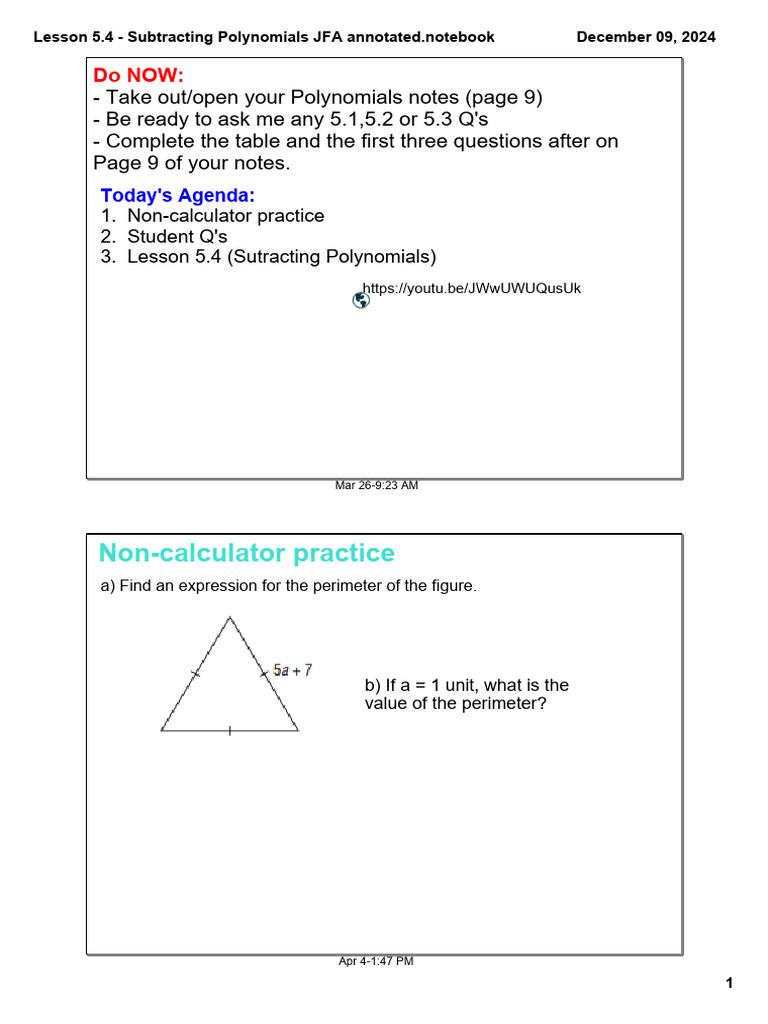 Lesson 5.4 - Subtracting Polynomials JFA annotated | PDF | Polynomial ...