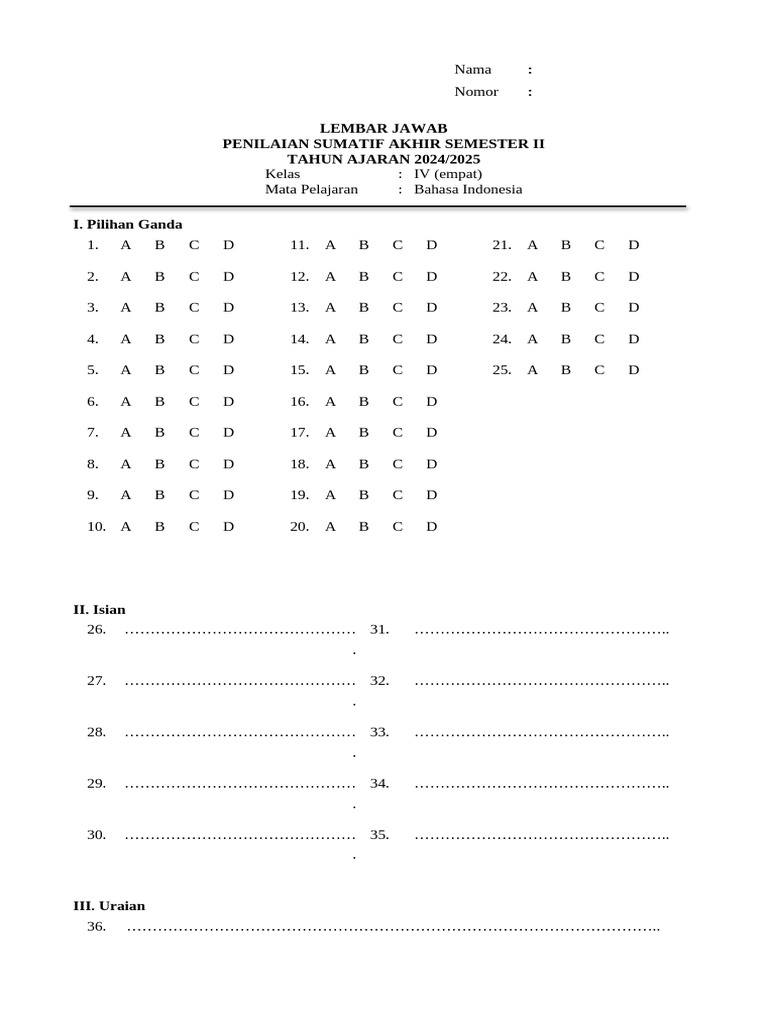 Lembar Jawab Sas 2 Bindo Kelas 4 | PDF
