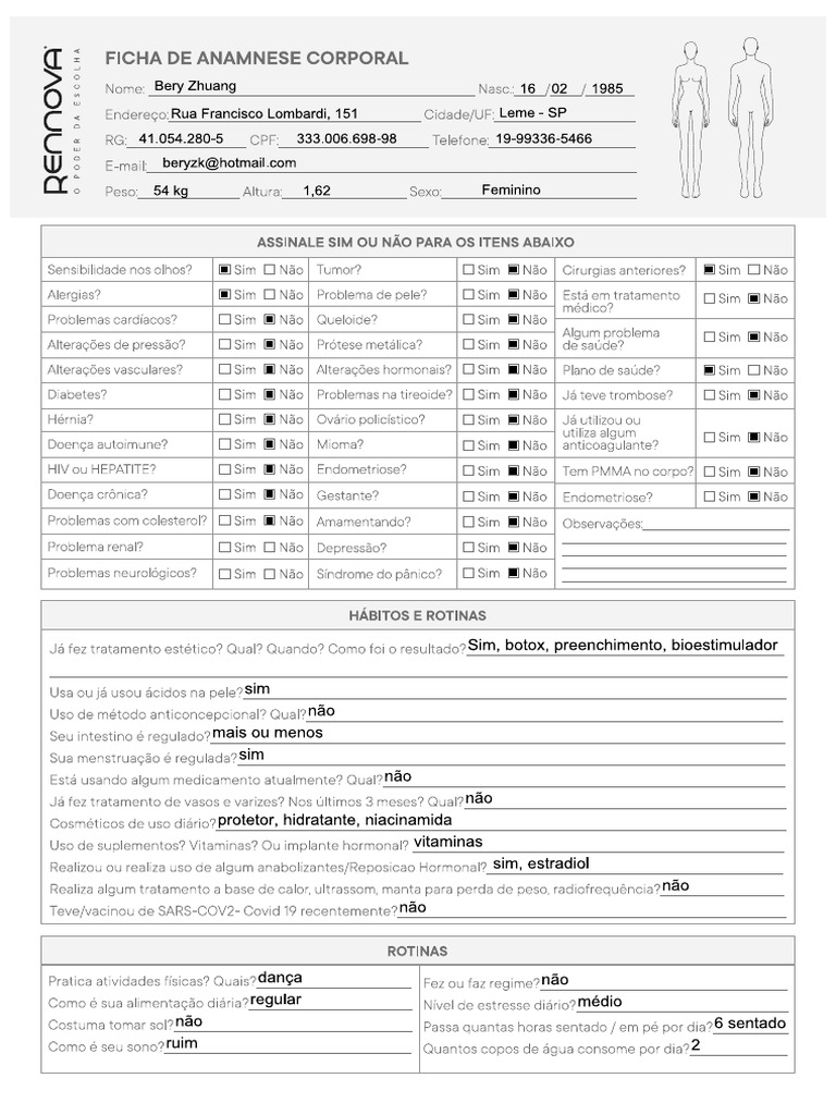 Ficha de Anamnese - Corporal Preenchimento | PDF