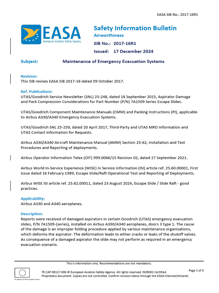 EASA SIB 2017-16R1 1 Evacuation Systems Maintenance | PDF | Aviation ...