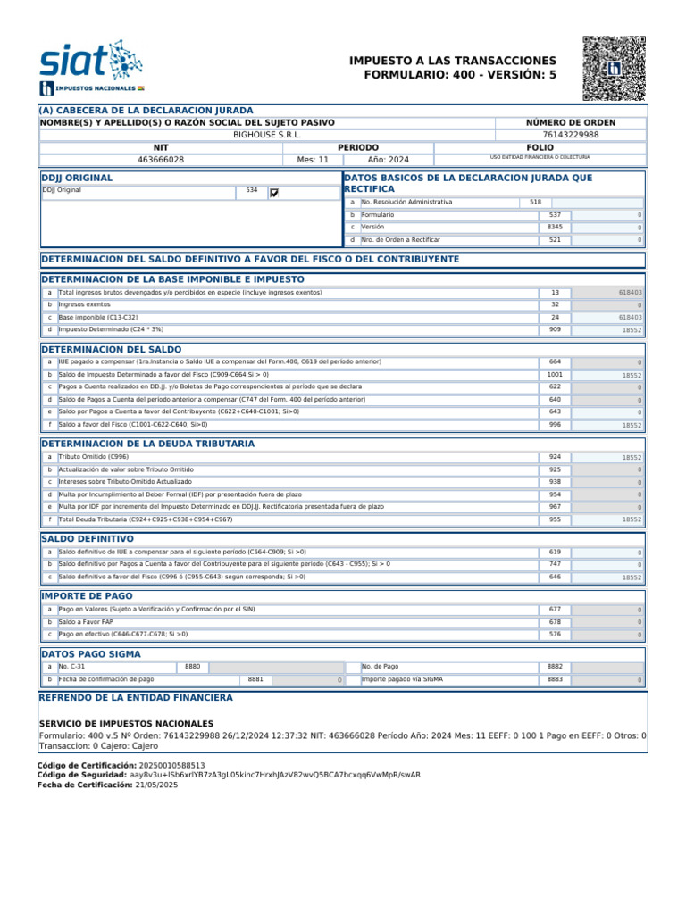 Formulario 400 Diciembre 2024 | PDF | Impuestos | Economias