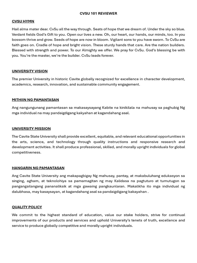 CVSU Overview: Vision, Mission, and Hymn | PDF