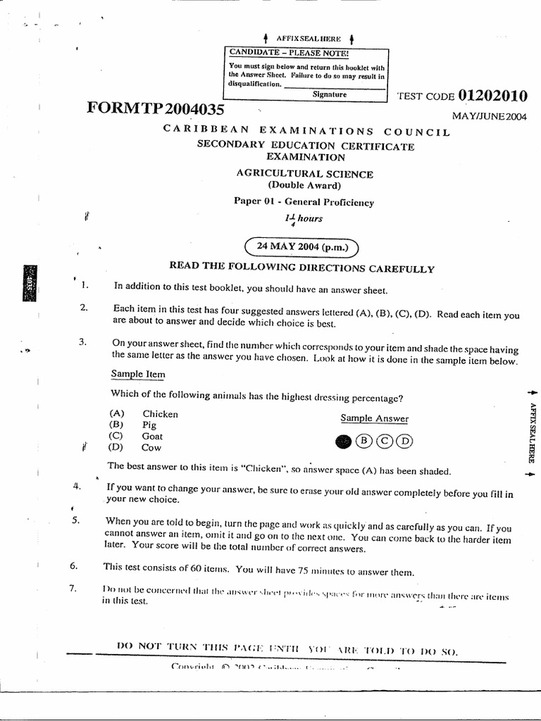 CSEC AgriSci SA MayJune Paper 1 2004 | PDF
