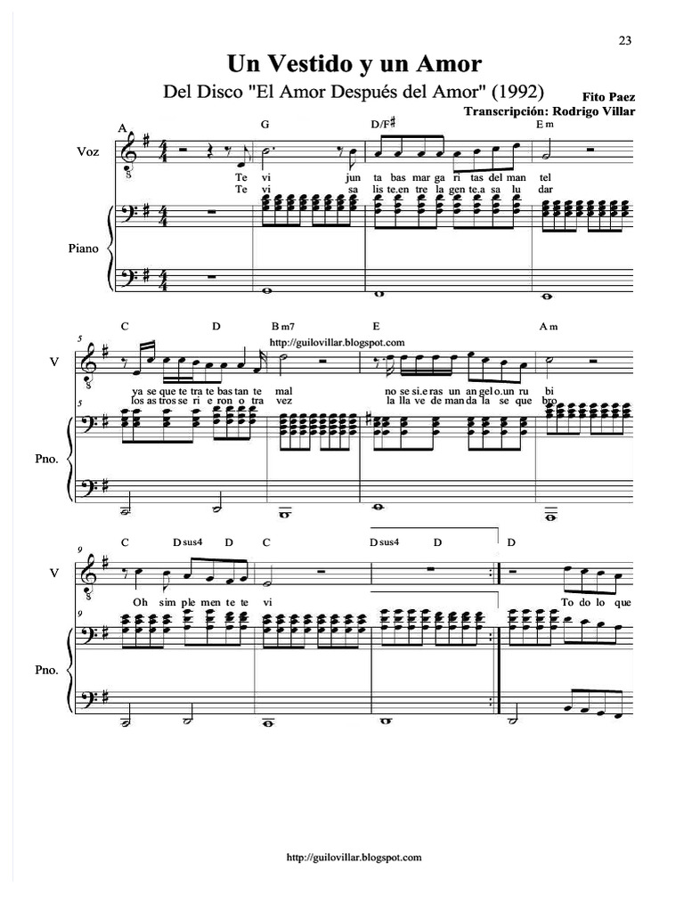 PDF Fito Paez Un Vestido y Un Amor Piano y Voz Compress | PDF