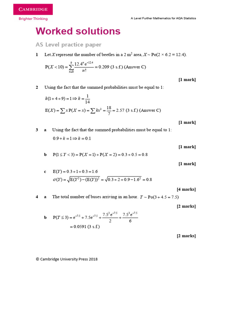 A Level Further Mathematics For AQA Statistics Practice Paper Solutions | PDF | Variance ...
