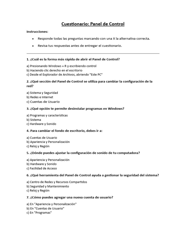 Cuestionario Panel de Control | PDF